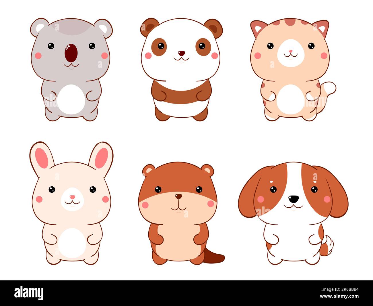 Set of cute fat cartoon animals in kawaii style. Collection of lovely ...