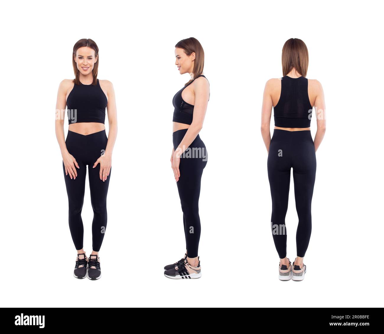 Young woman in sportswear standing front, side, back view, isolated on ... Young woman in sportswear standing front, side, back view, isolated on ...