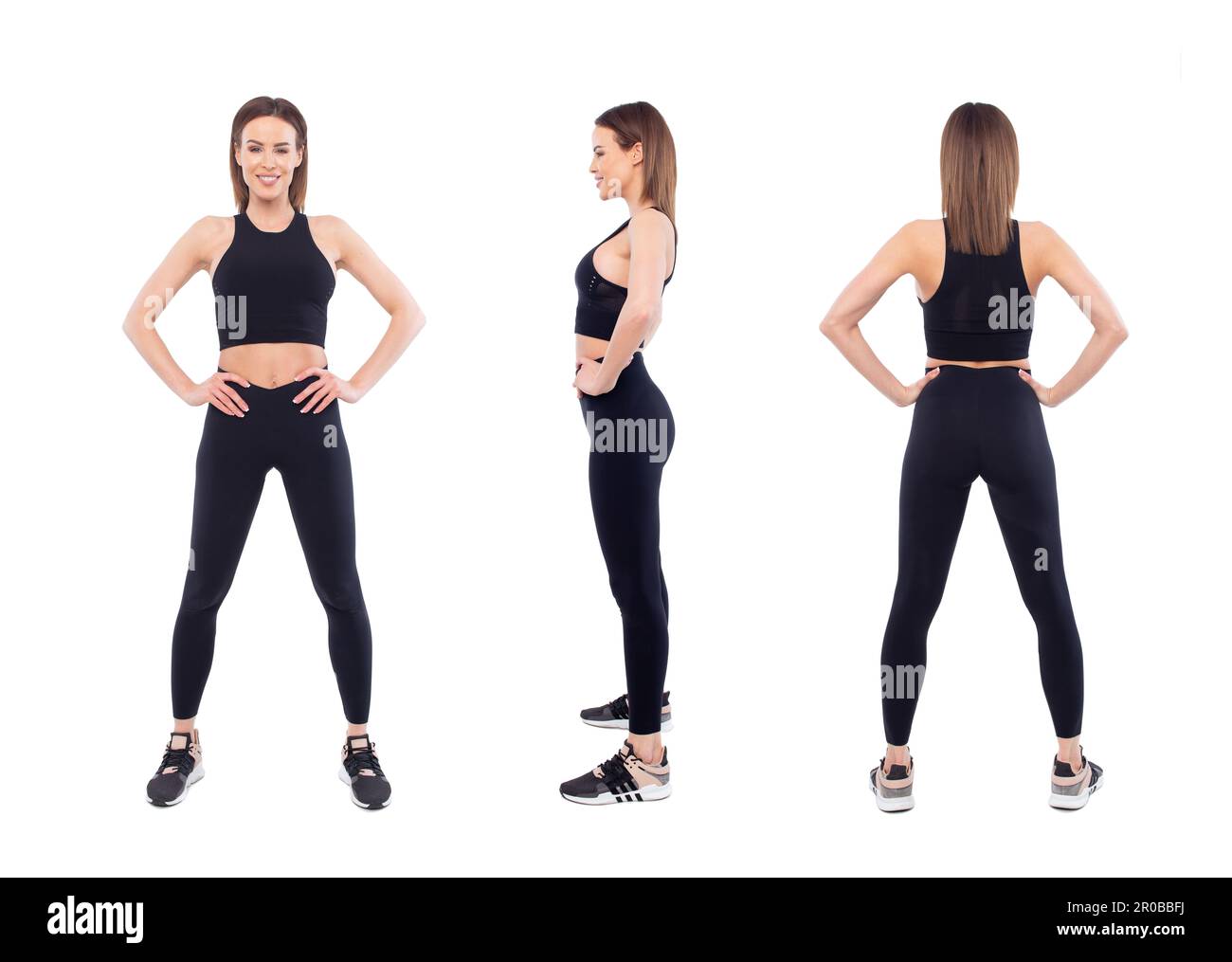 Young woman in sportswear standing straddle front, side, back view ...