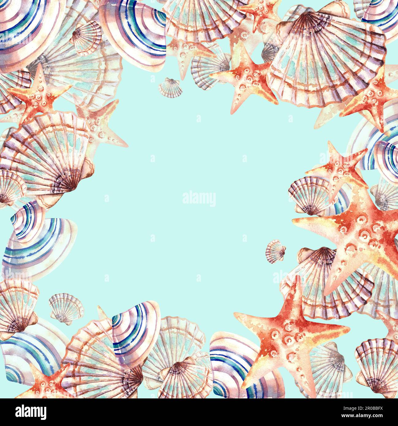 A frame of marine life. Shells, starfish. Watercolor illustration ...