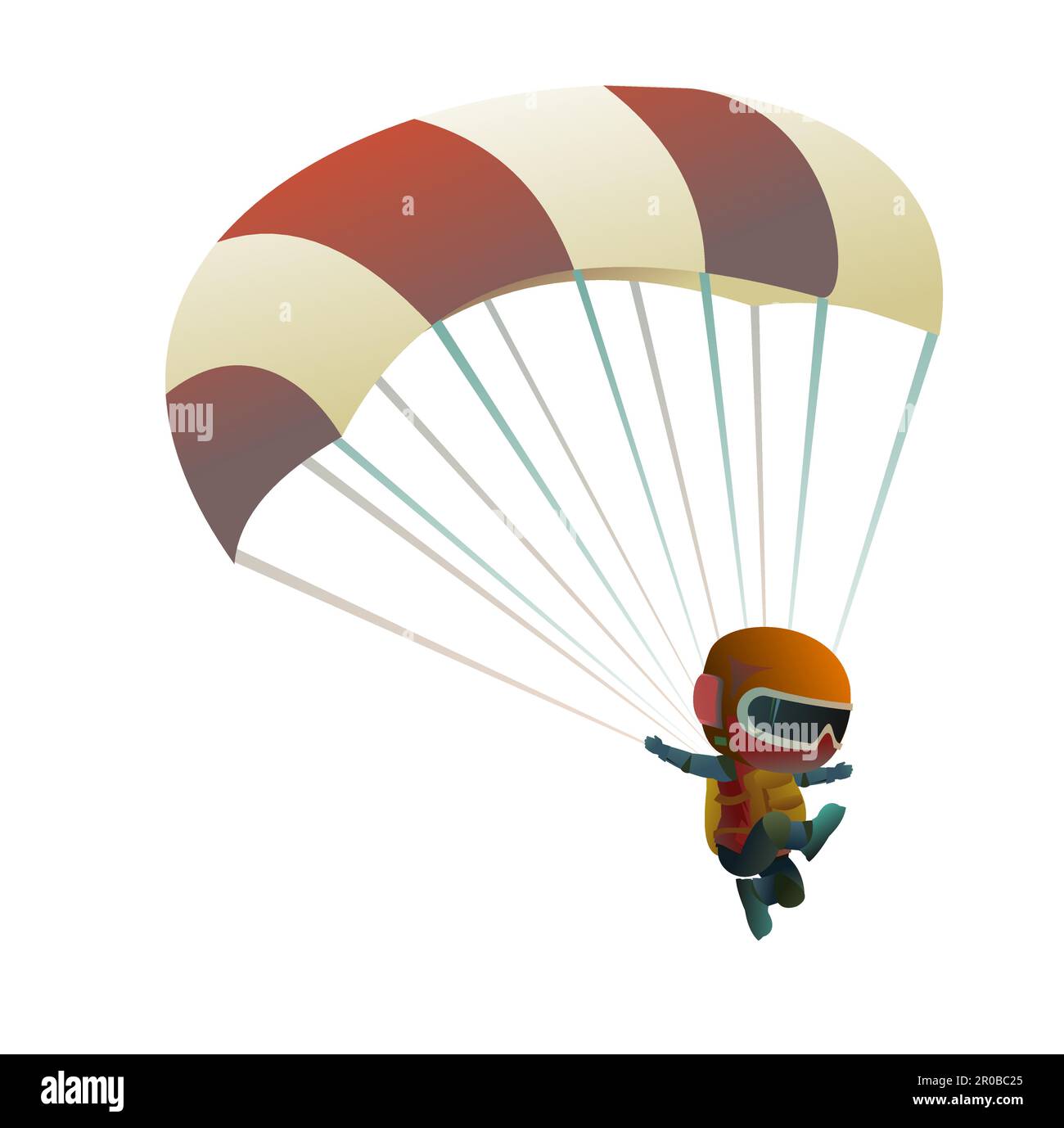 Skydiver flying down sky. Free float. Parachute opened. Cartoon style ...