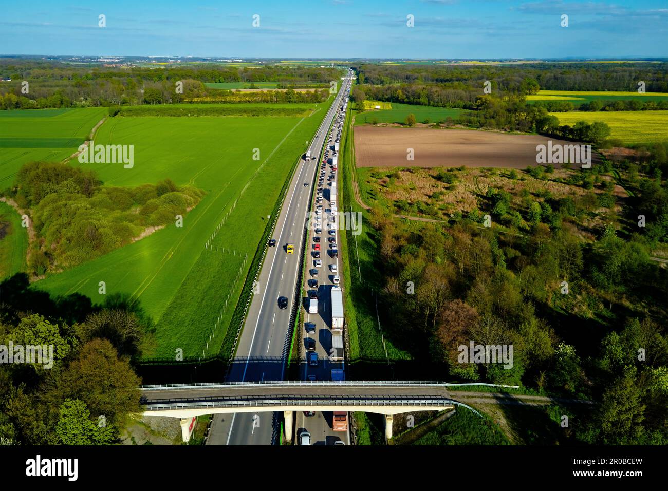 Traffic jam on A4 motorway in Poland due to an accident. Cars and ...