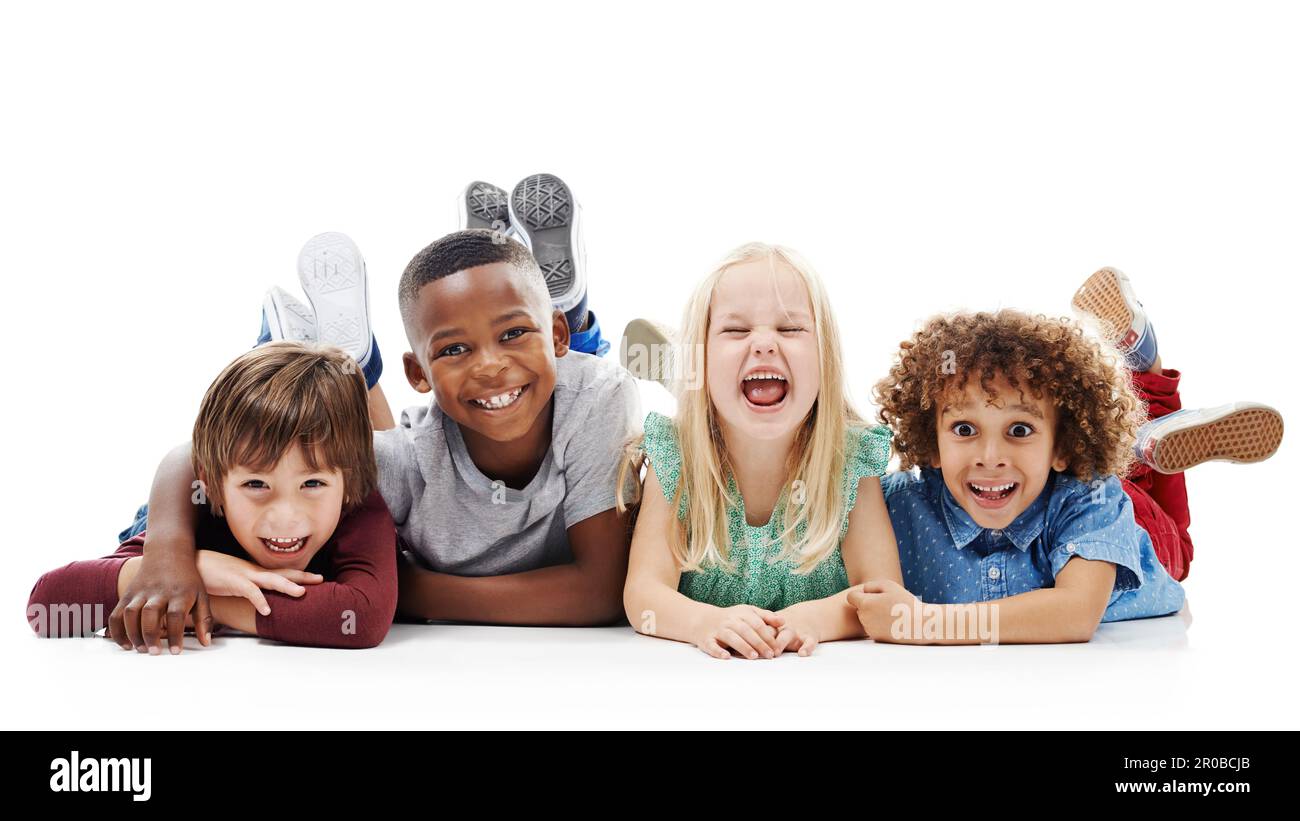 Diversity, portrait of happy children and smiling together in a white ...