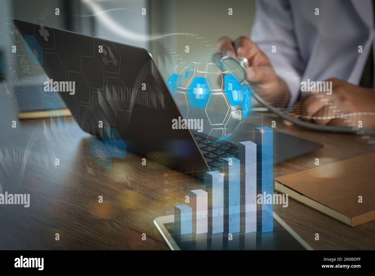 A businessman draws a growth graph showing the success of business ...