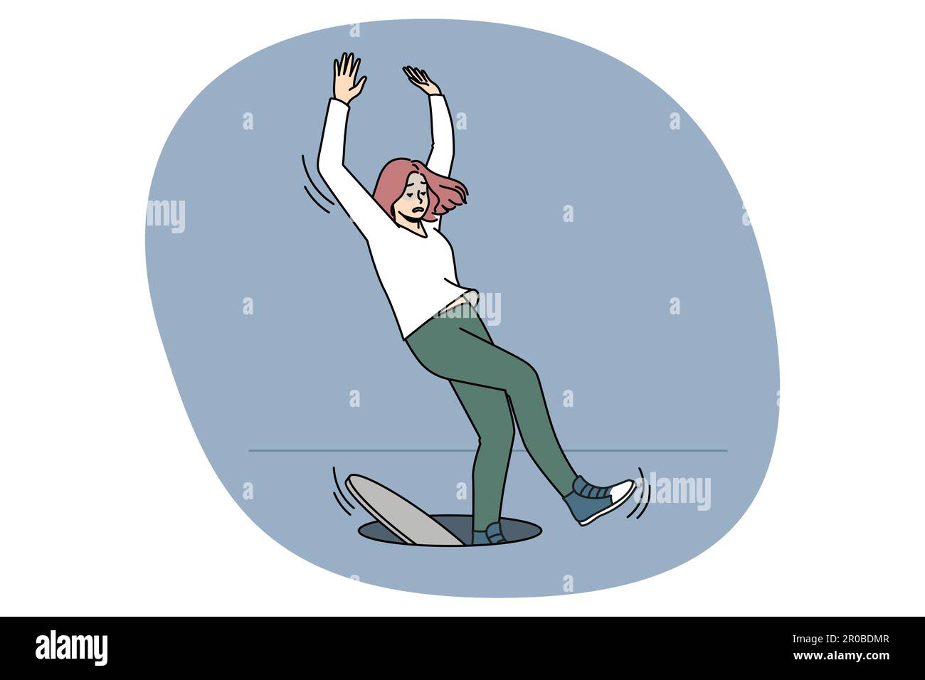 Clumsy unlucky woman fall in open hatch feel scared distressed with ...