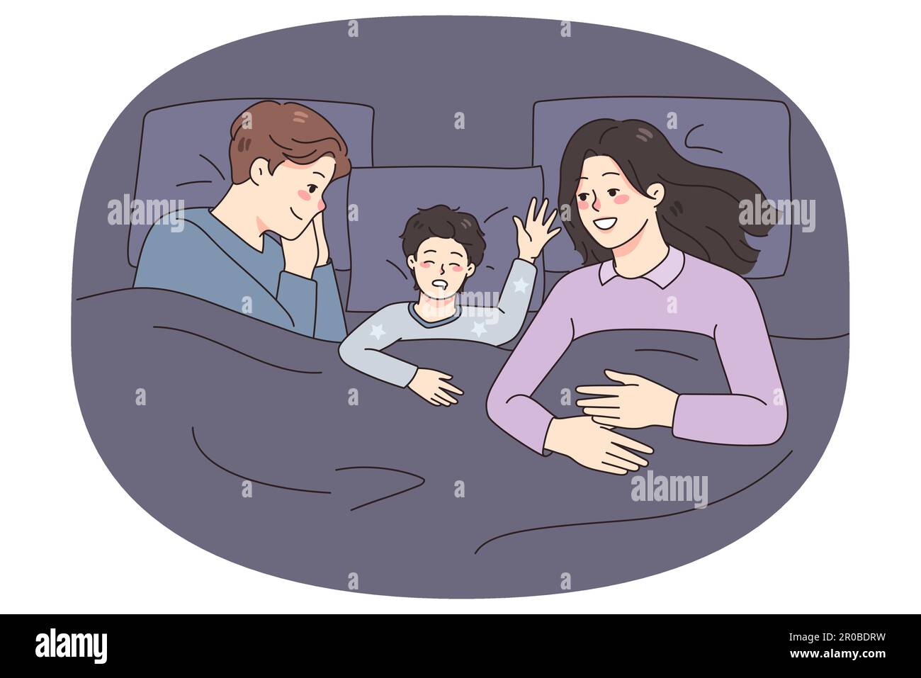 Happy young family with small kid sleep together in bed at home ...