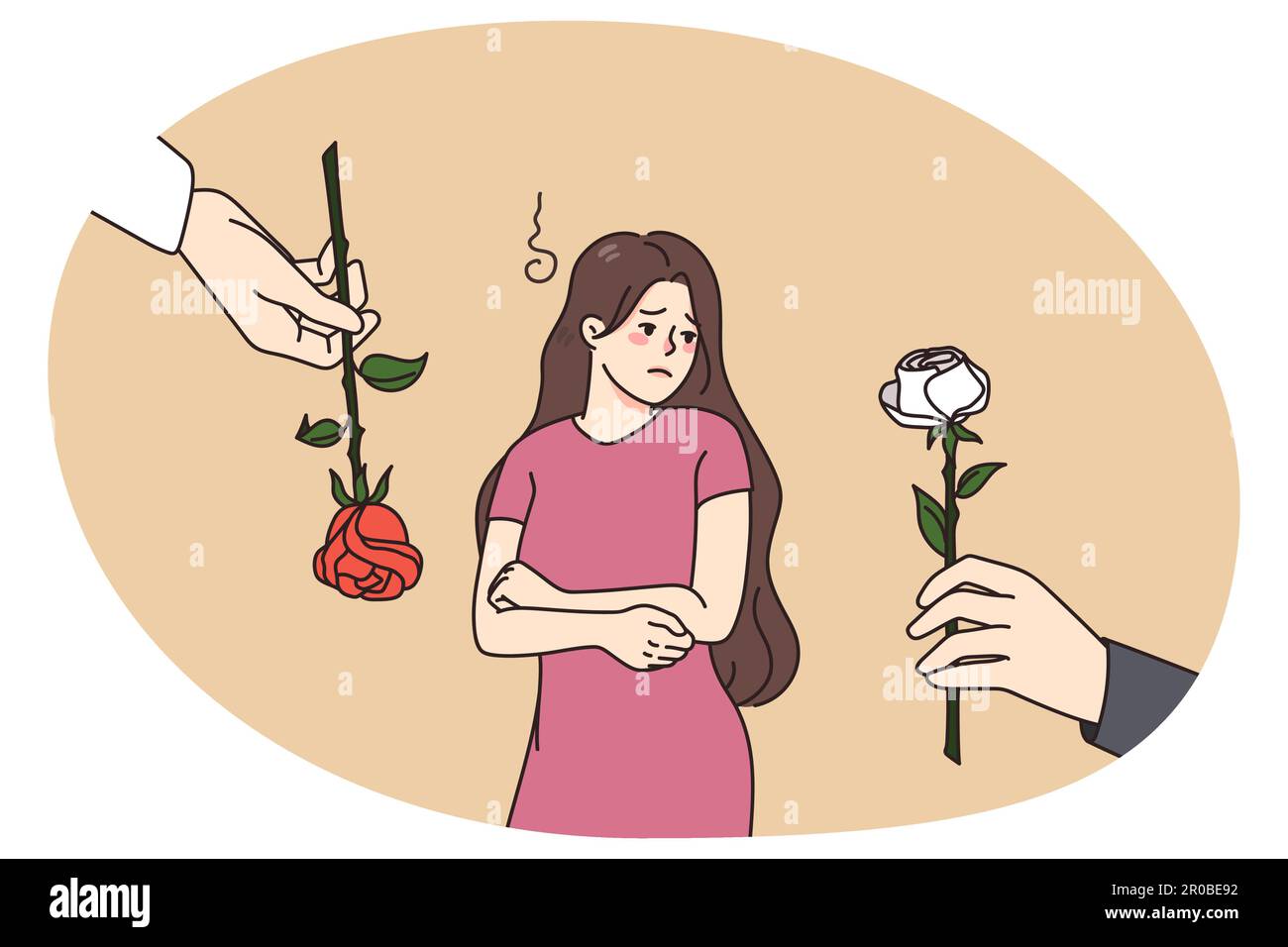 Unhappy beautiful girl refuse from flowers offered by various men. Guys ...