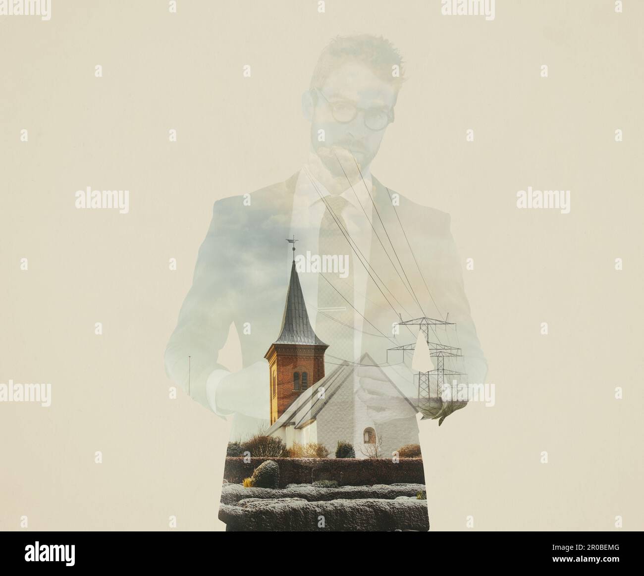 Portrait, overlay and man with urban development, corporate and growth ...