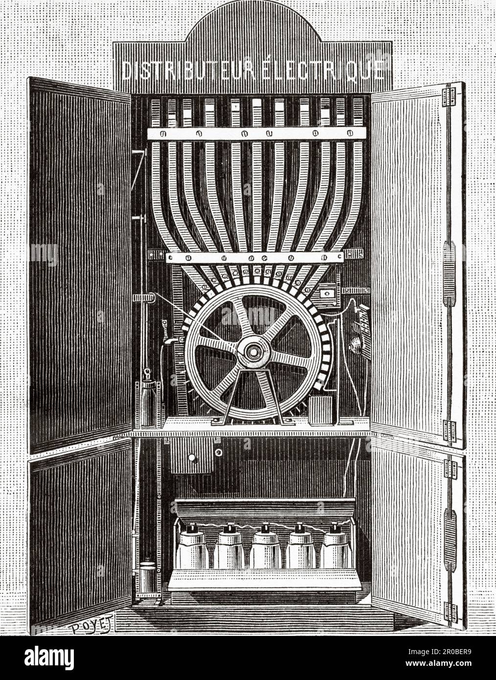 Electric tablet dispenser. Old 19th century engraving from La Nature ...