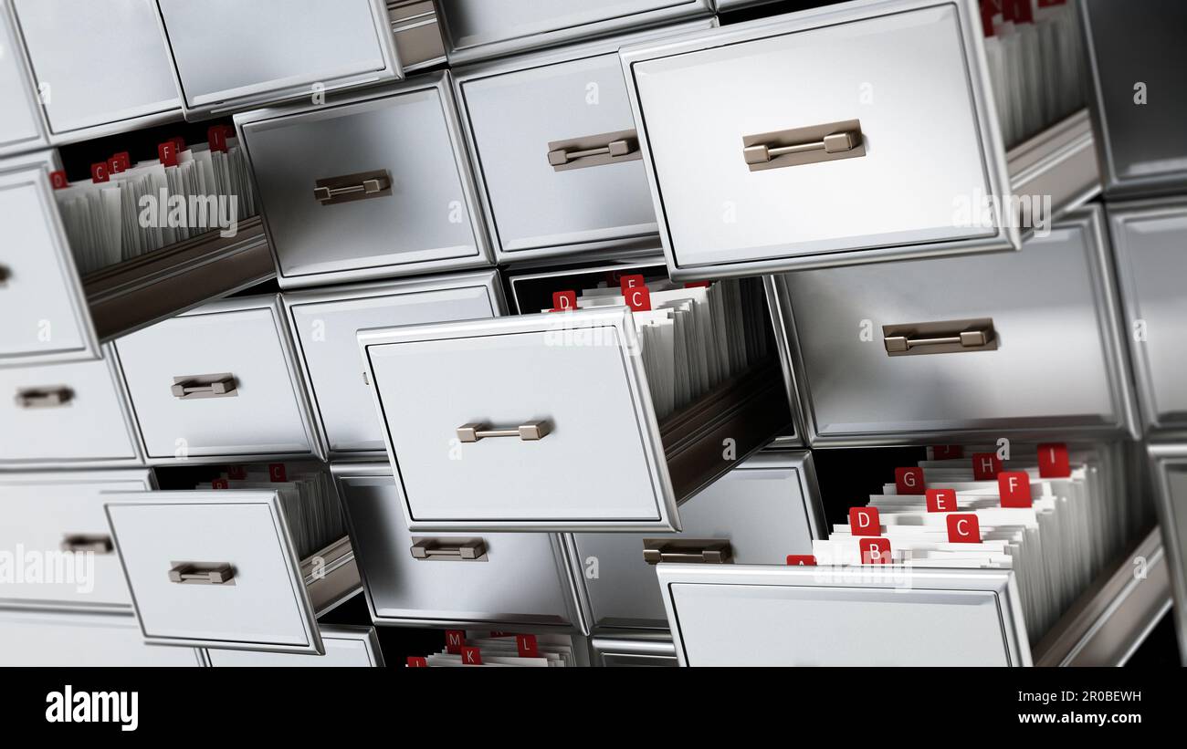 Library catalogue wooden drawer with letters. 3D illustration Stock ...