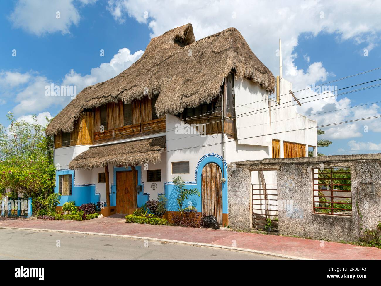 Unusual thatched palm house, Bacalar, Quintana Roo, Yucatan Peninsula ...