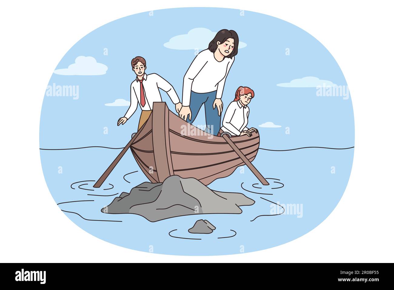 Team of employees in boat crash on rock in sea struggle with group ...