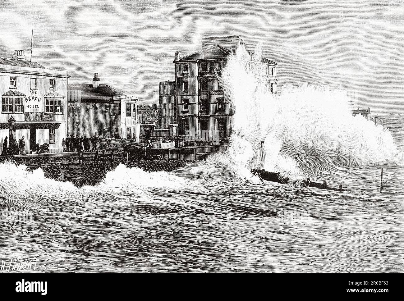 A blow from the sea in Bognor Sussex, England. Old 19th century ...