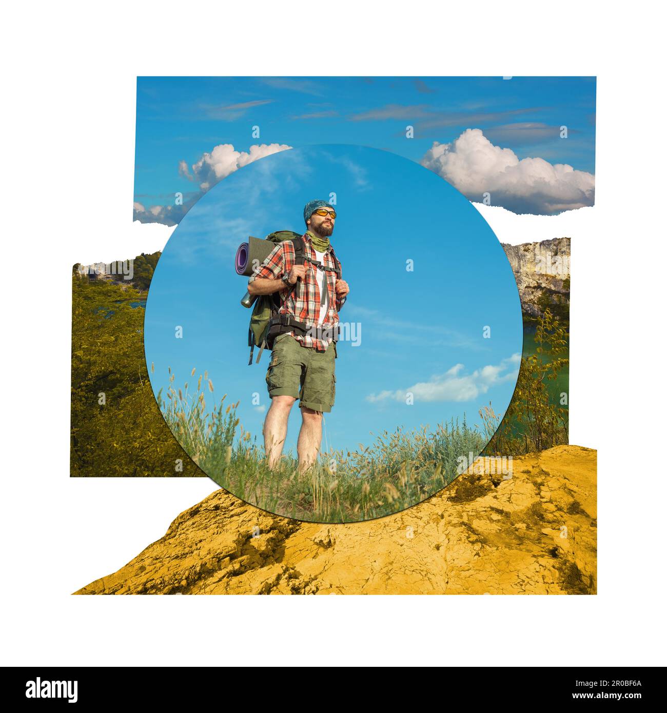 Man, tourist with backpack standing on mountain, hiking. Beautiful ...