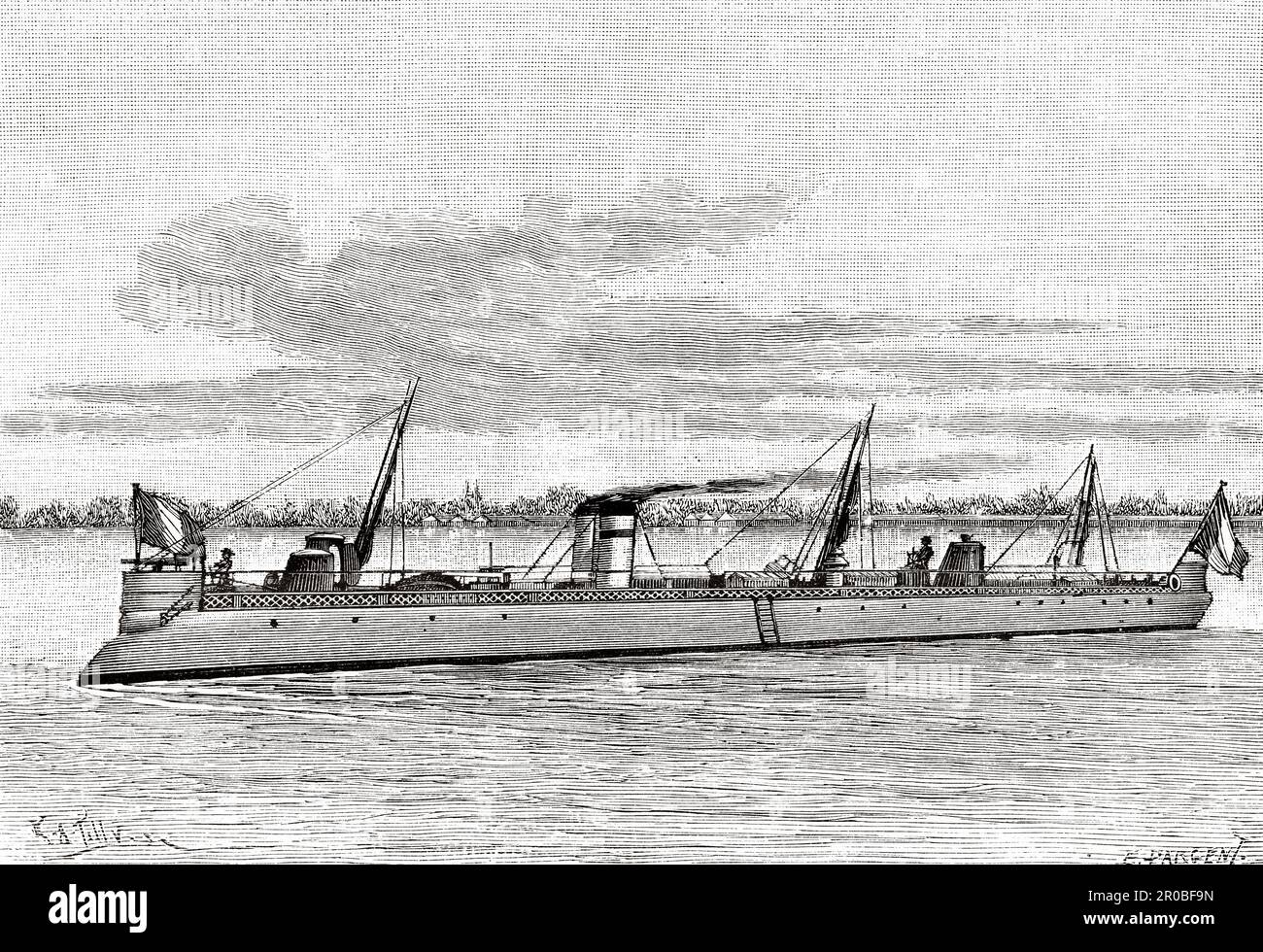 The torpedo boat Francis l'Ouragan, France. Old 19th century engraving ...