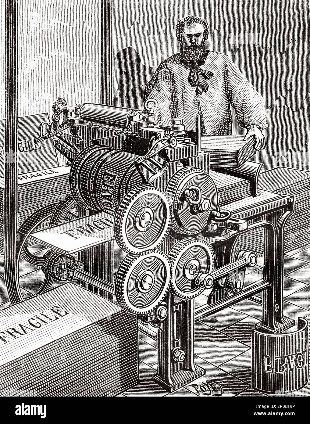 Machinery for making packaging boxes, wood printing machine. Old 19th ...