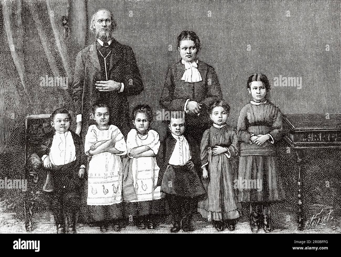 The Kostezky dwarf family. Old 19th century engraving from La Nature ...