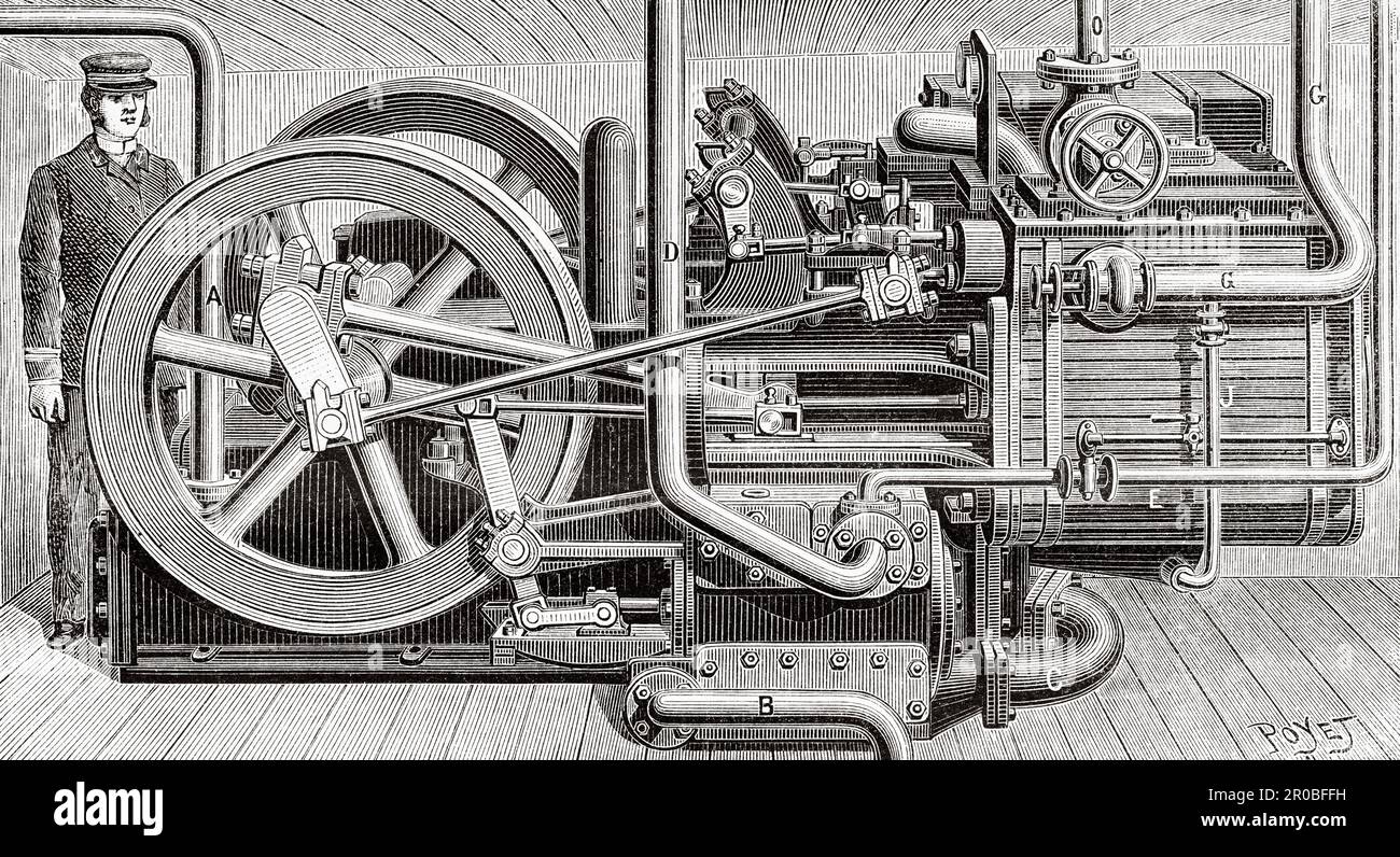 Hall machine to produce cold installed on board a ship. Old 19th ...