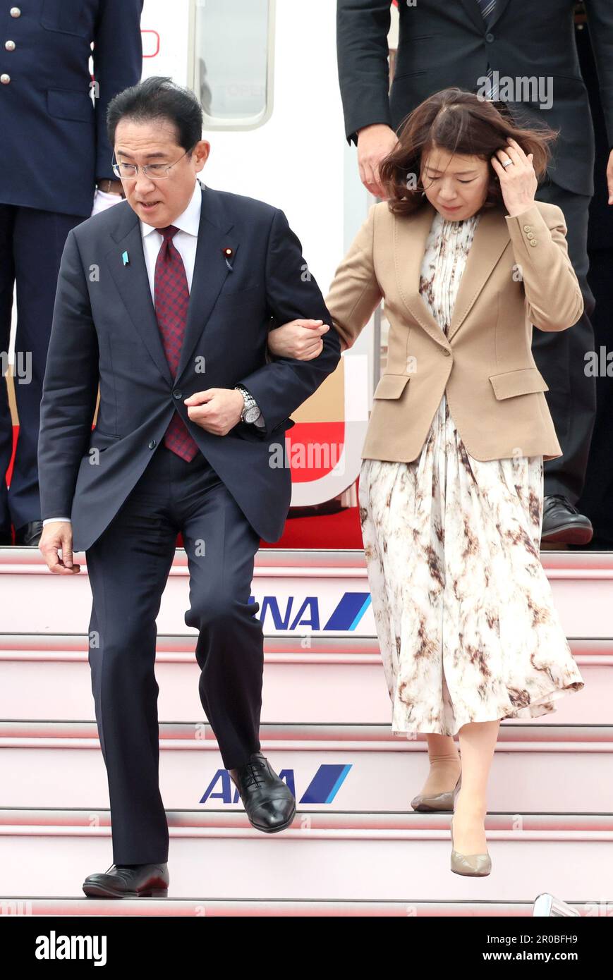Tokyo, Japan. 8th May, 2023. Japanese Prime Minister Fumio Kishida (L) accompanied by his wife ...