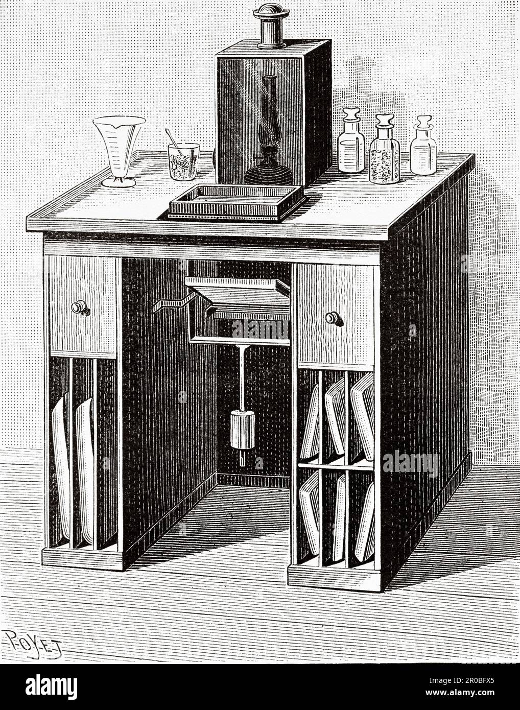 Photography lab, late 19th century. Old 19th century engraving from La ...