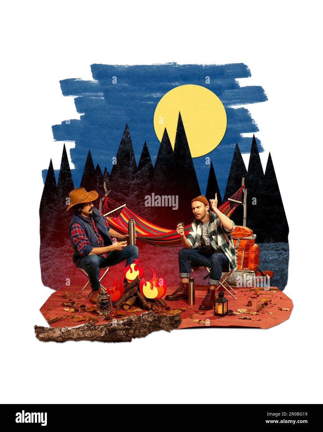 Two men, friends sitting bonfire in evening and talking. Mountain ...