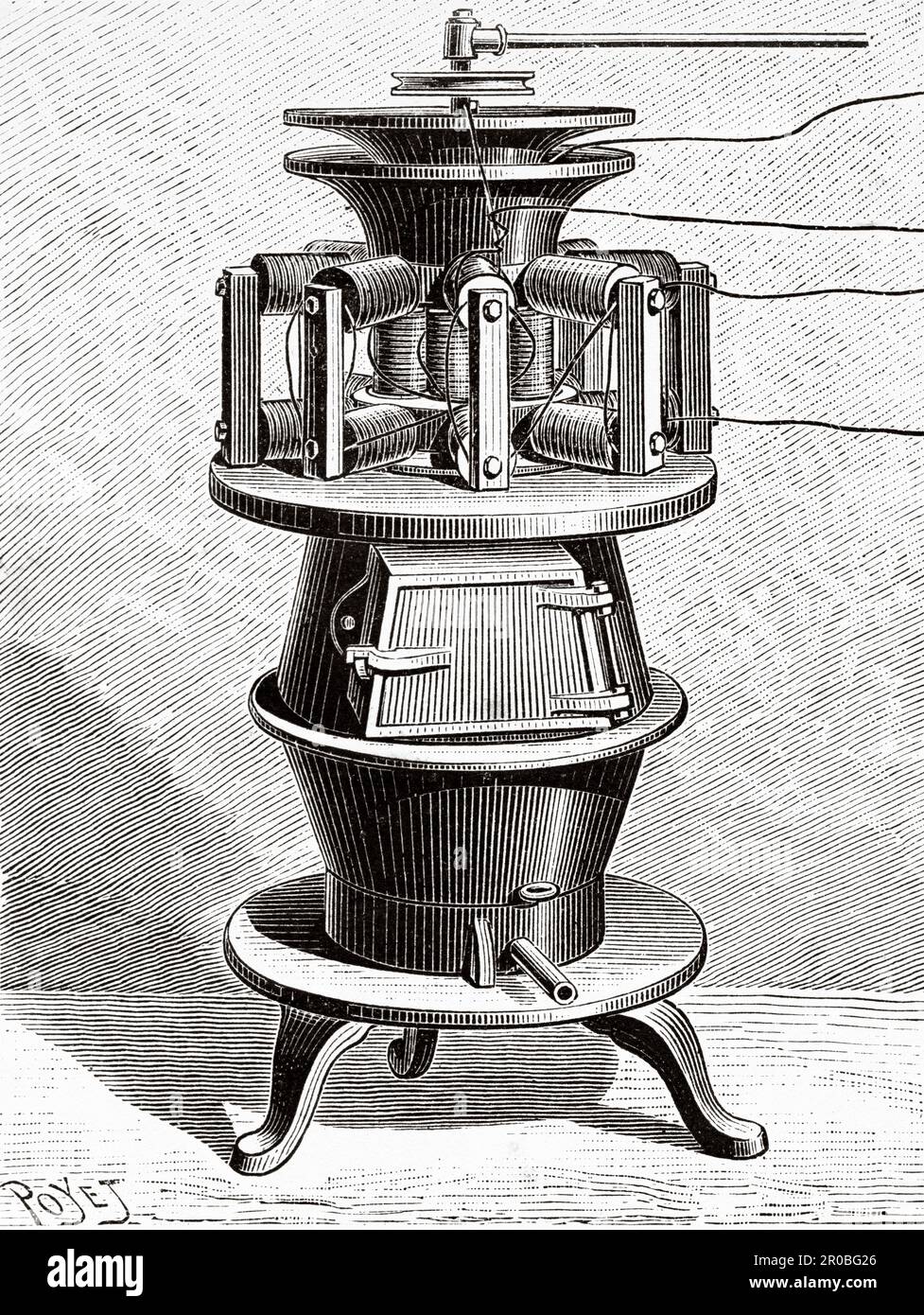 Edison pyromagnetic generator. Old 19th century engraving from La ...