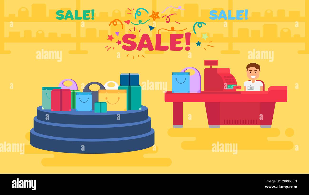 Store with sale showcase and cashier near cash desk. Store or market ...