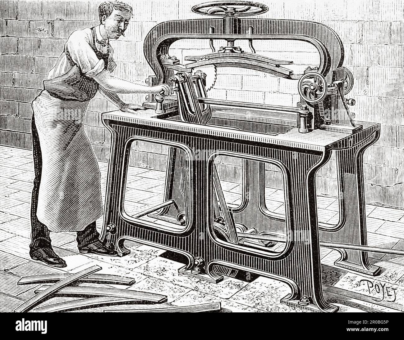 Wood cutting machine. Old 19th century engraving from La Nature 1887 ...