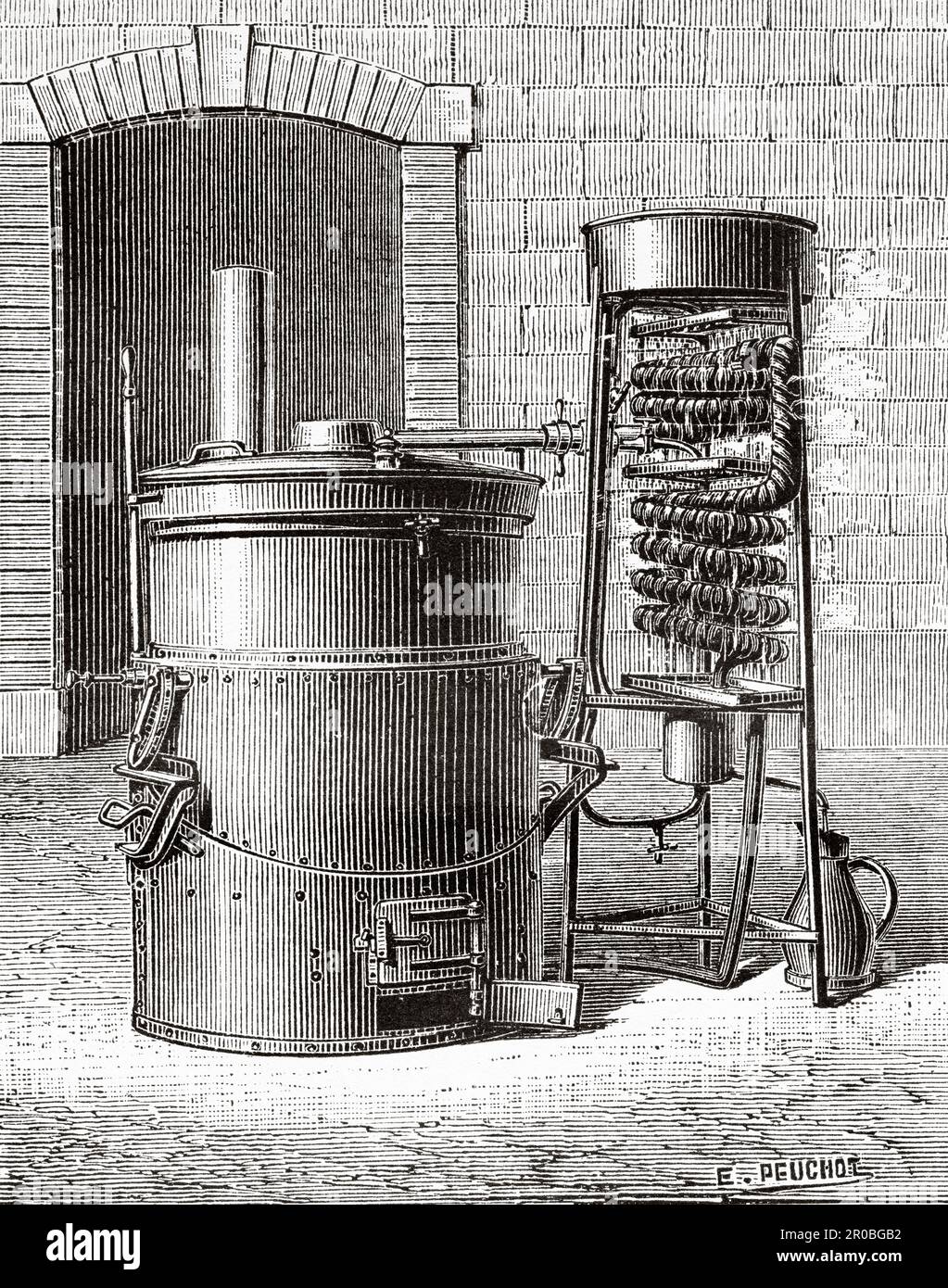 Egrot still burner during distillation. Old 19th century engraving from ...