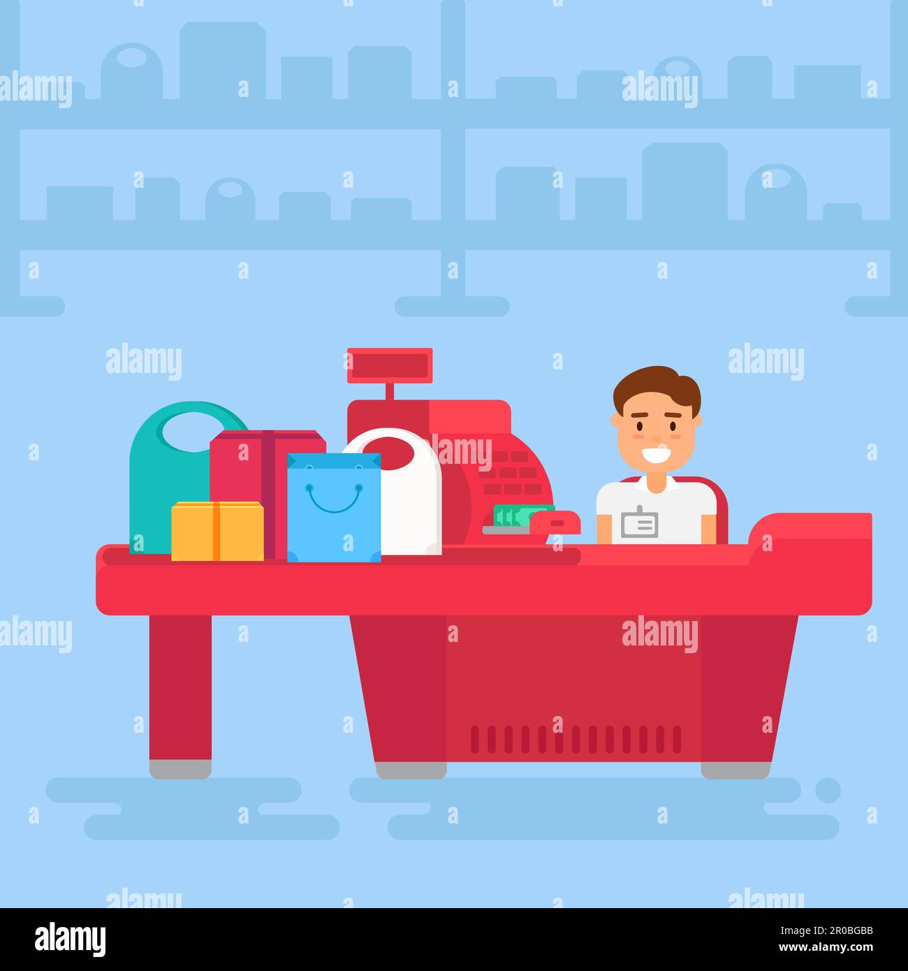 Store with cashier near cash desk. Store or market retail interior ...