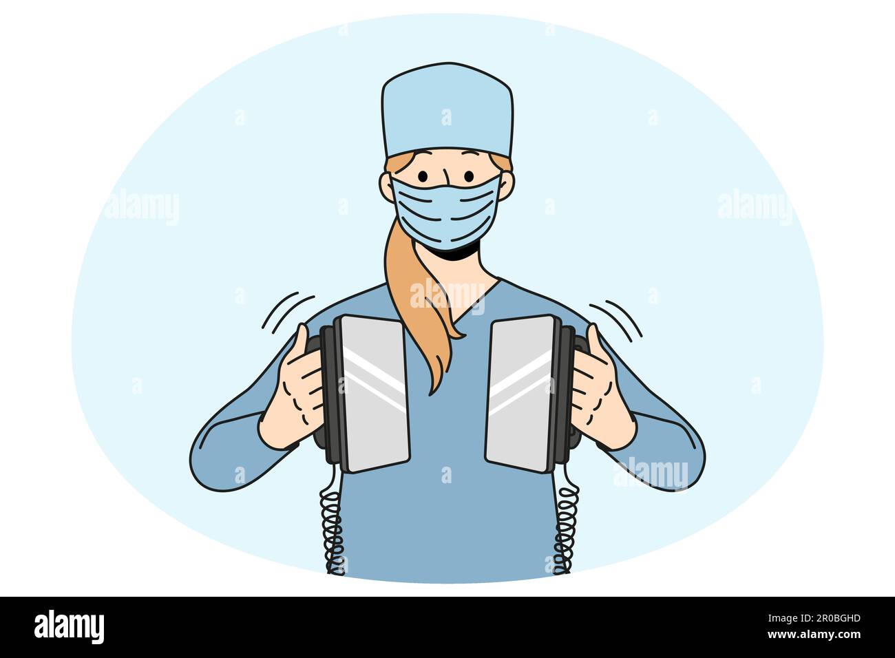 Woman nurse in medical uniform and facemask resuscitating patient in ...