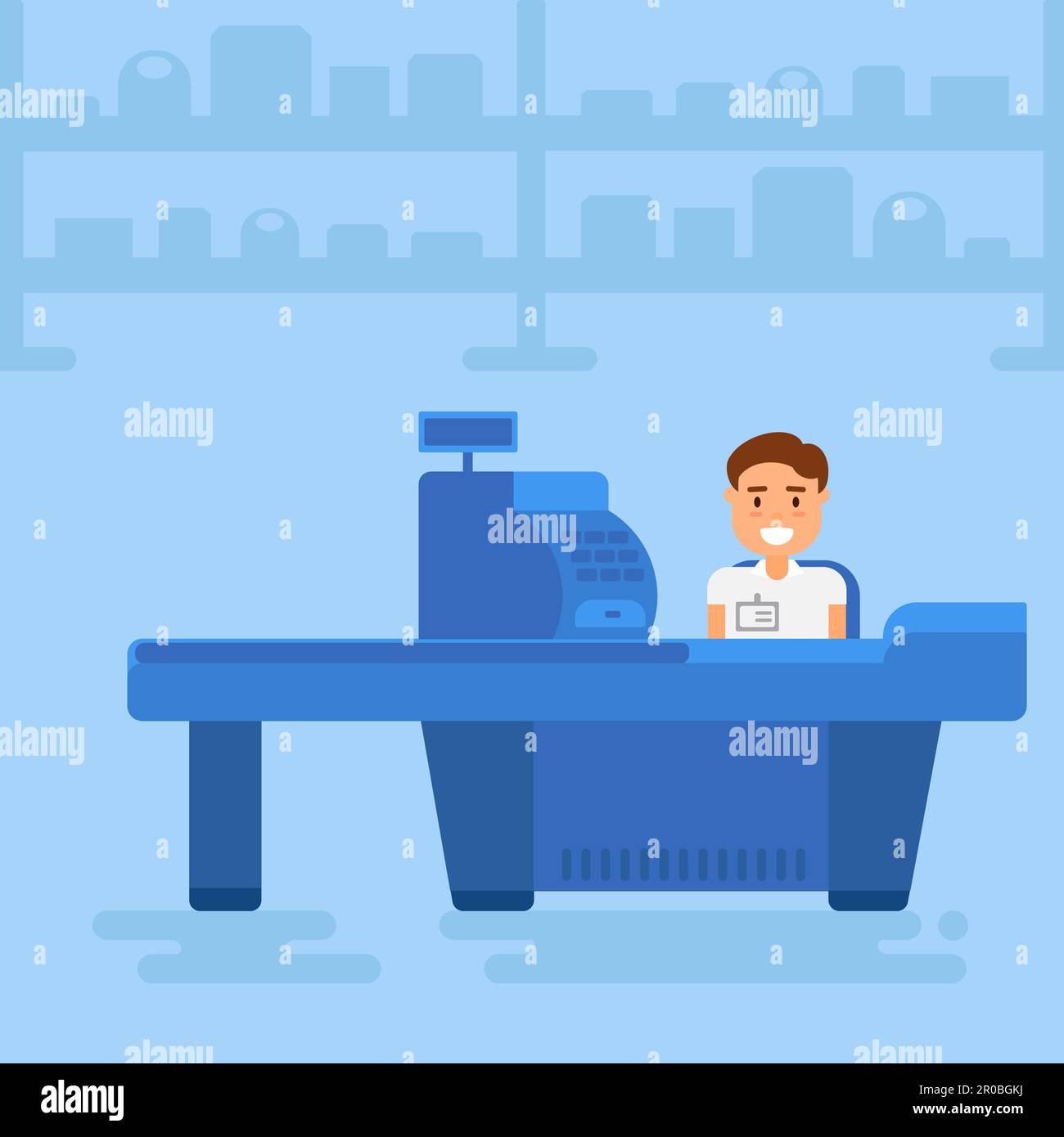 Store with cashier near cash desk. Store or market retail interior ...