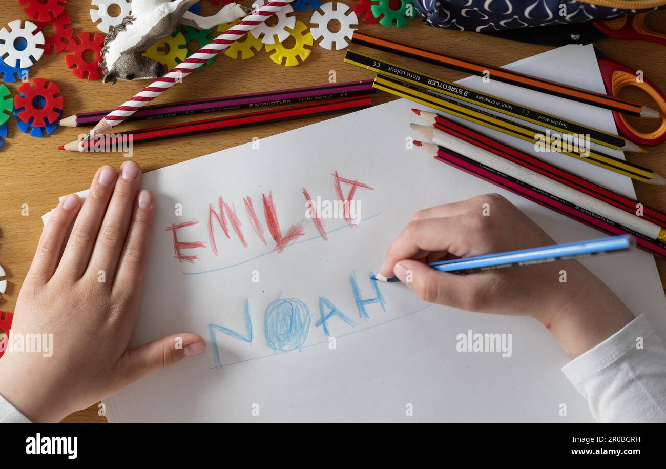 Leipzig, Germany. 08th May, 2023. A girl writes the first names Noah ...
