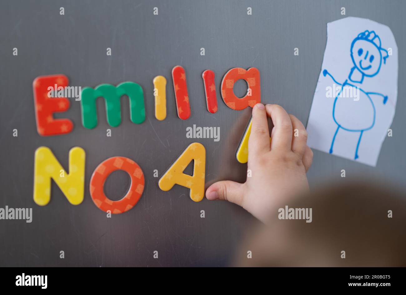 Leipzig, Germany. 08th May, 2023. Magnetic letters form the first names ...