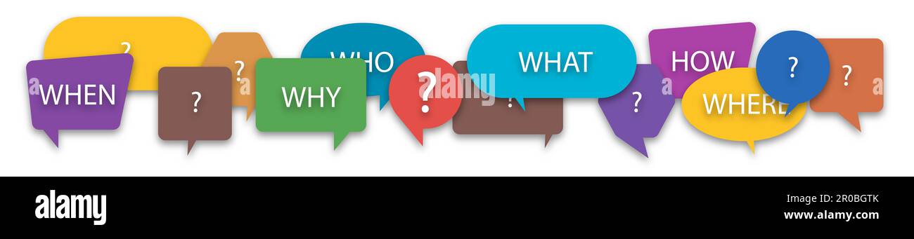 Questions who, what, how, why, for what and where on a colorful speech ...