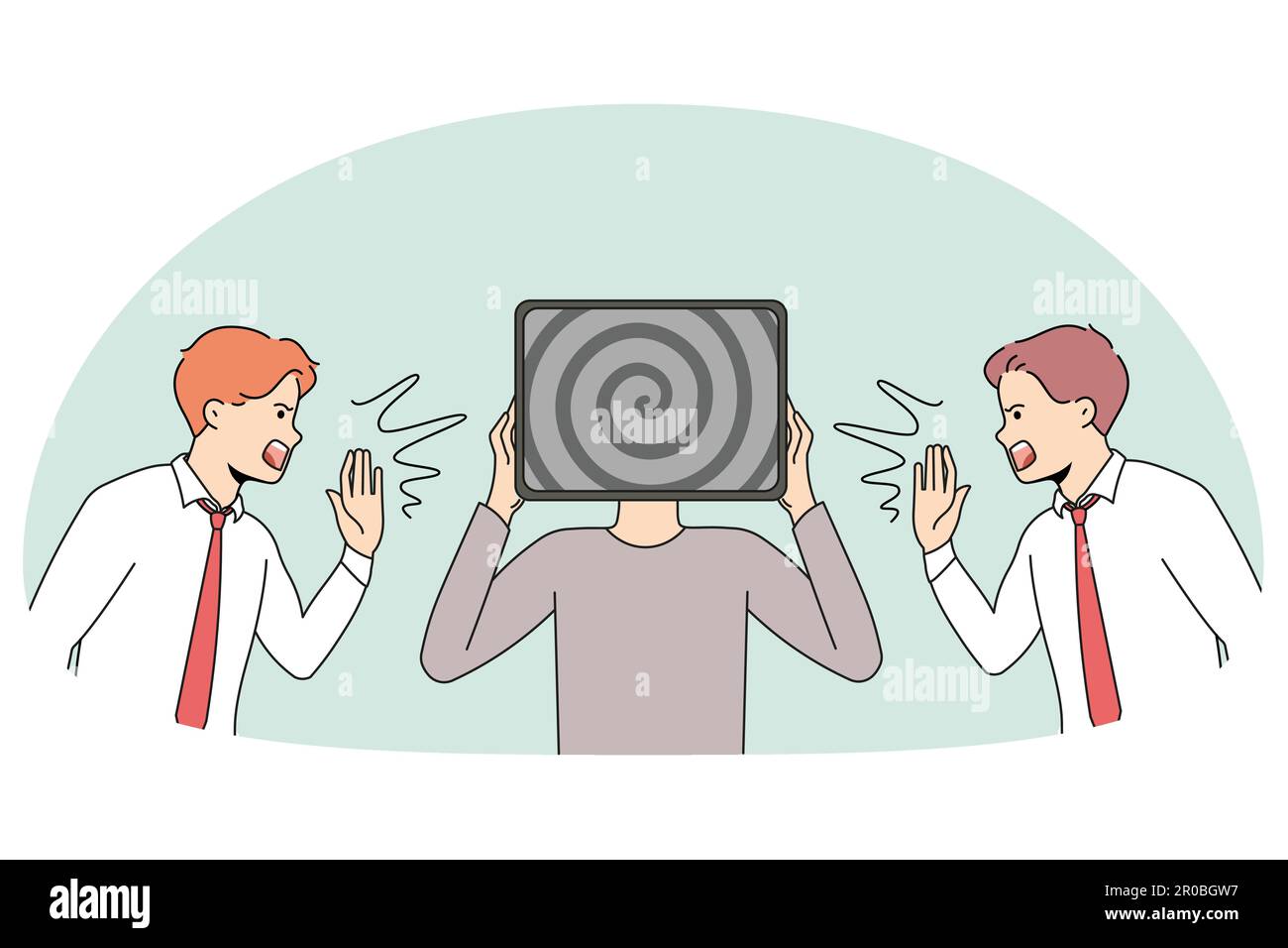 Men screaming to person feeling overwhelmed with information from TV ...