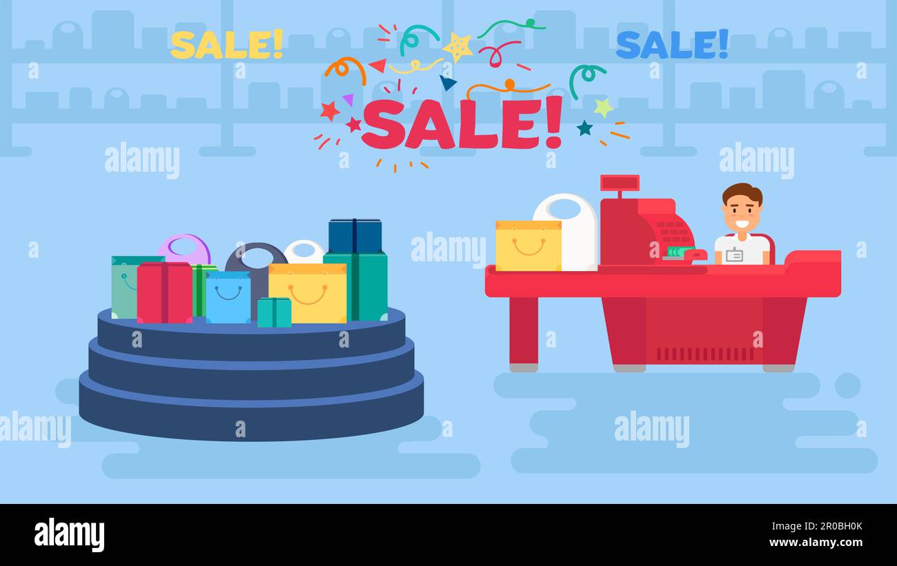 Store with sale showcase and cashier near cash desk. Store or market ...