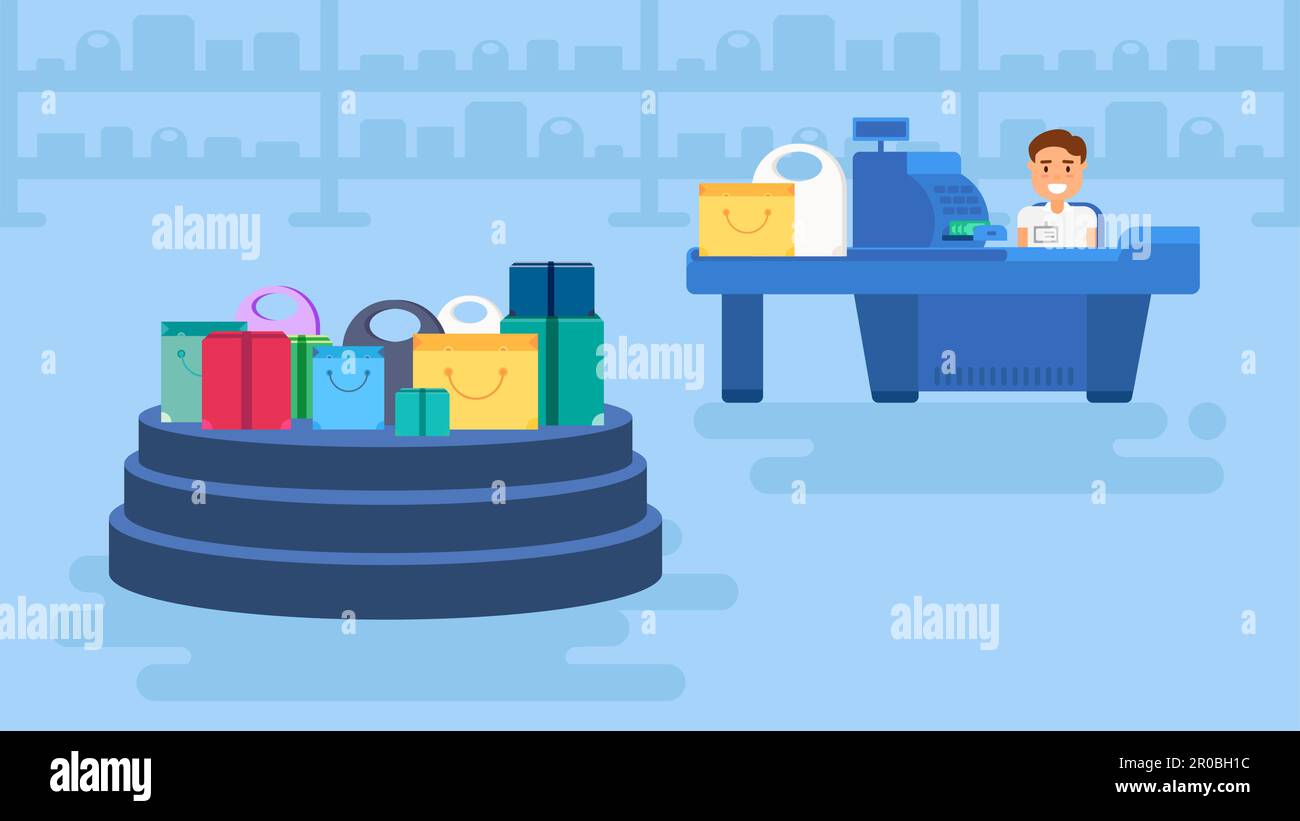 Store with sale showcase and cashier near cash desk. Store or market ...