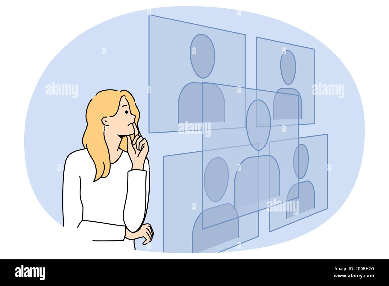 Confused woman look at various avatars in cyberspace think of image ...