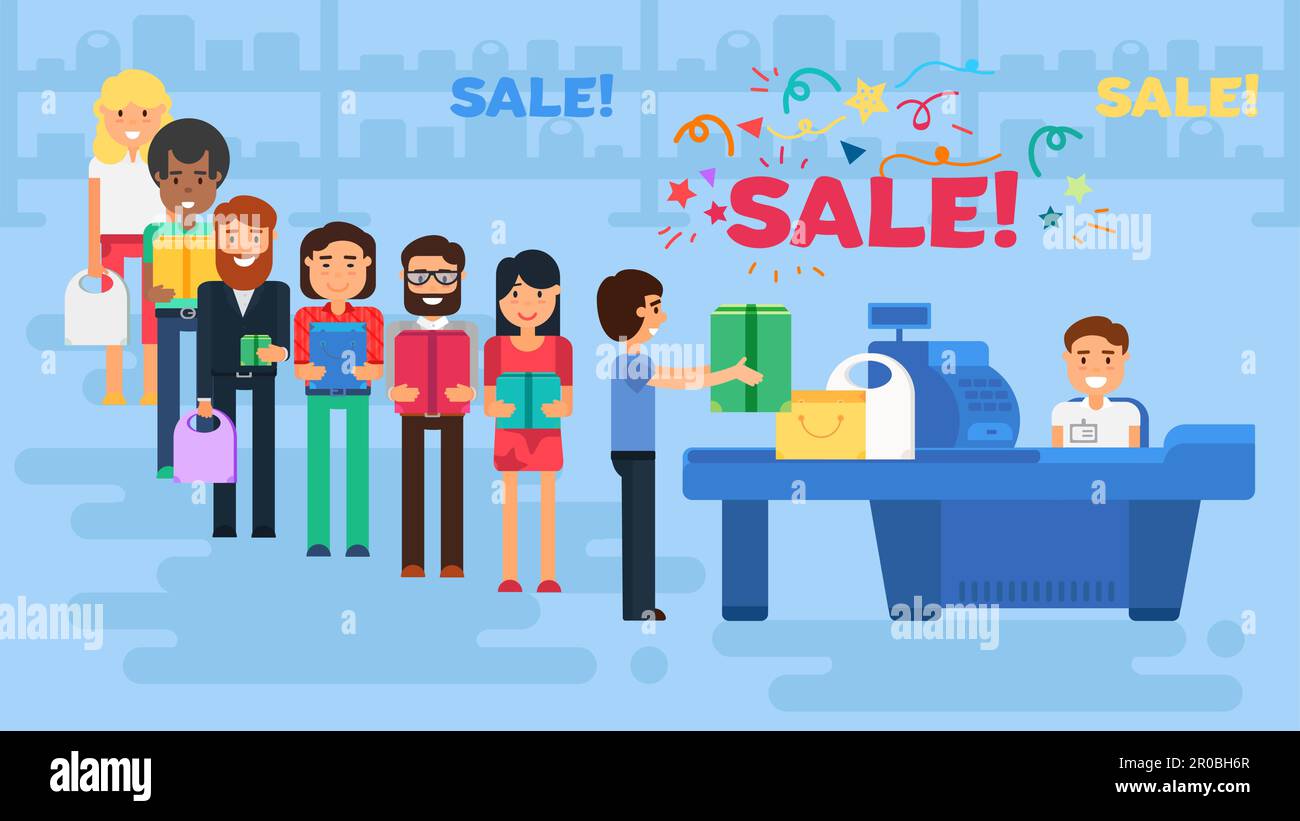 Store with customers crowd and cashier near cash desk. Store or market ...