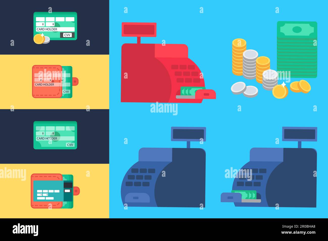 Cash register with money and coins. Commerce concept. Store symbol. Web ...