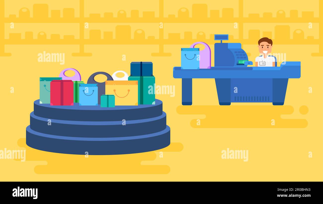 Store with sale showcase and cashier near cash desk. Store or market ...