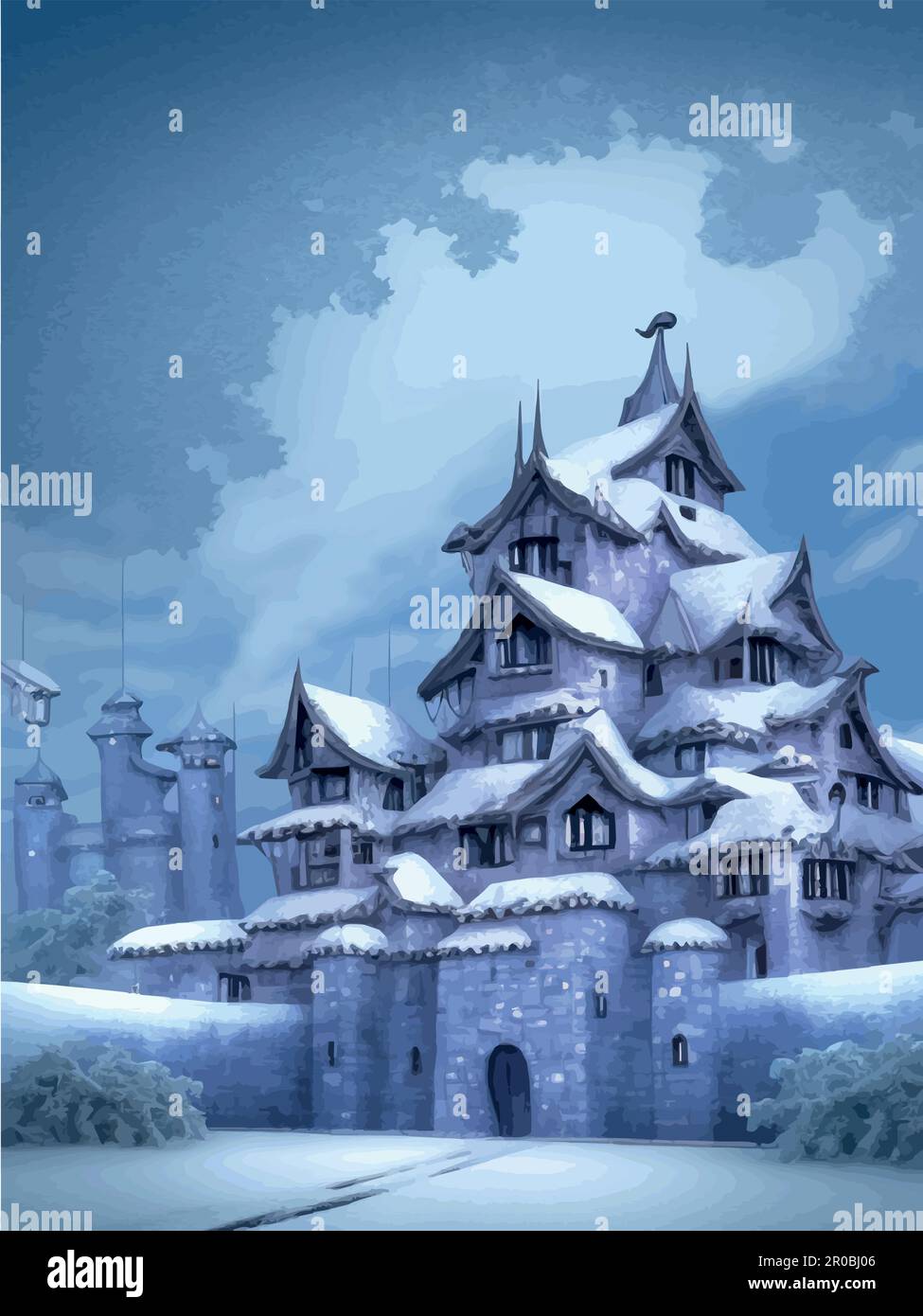 Snow queen castle, fantasy snow land on hill, trees in snow, winter ...