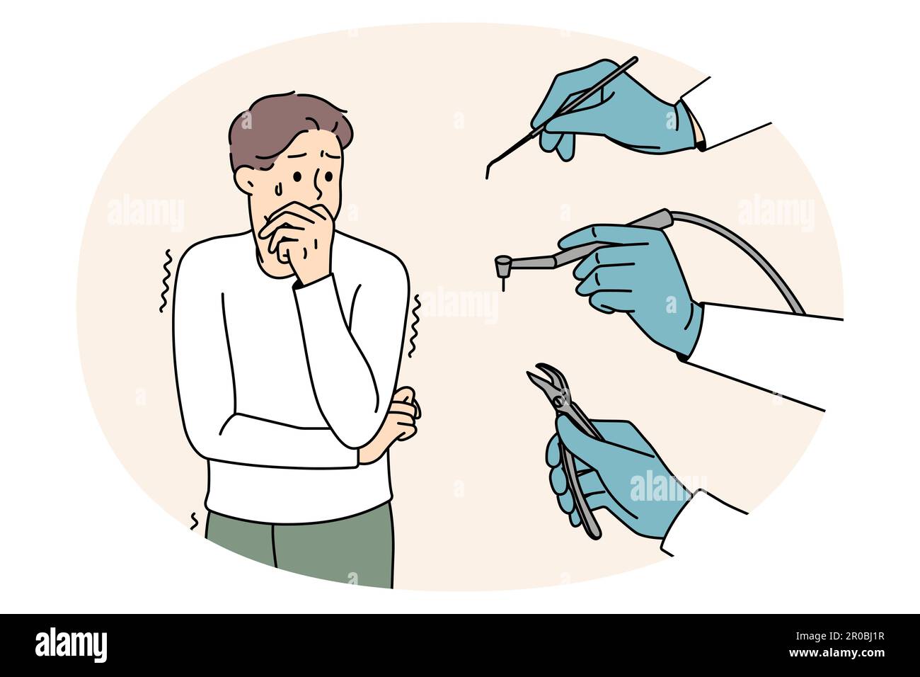 Stressed man scared of dental tools and equipment at dentist ...