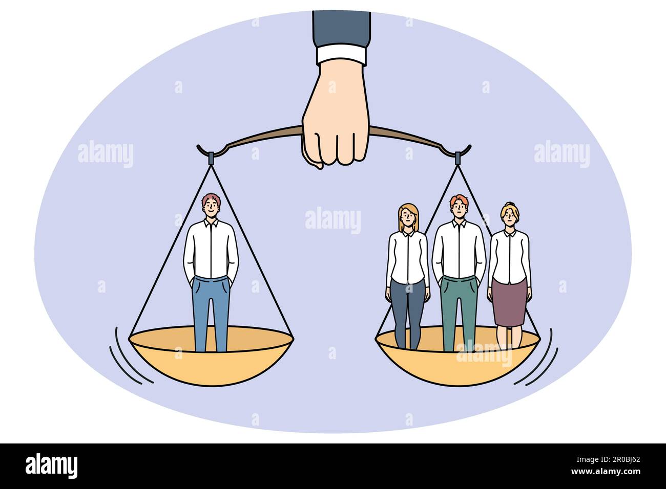 Businessman hand hold scales with one man weight same as group of ...