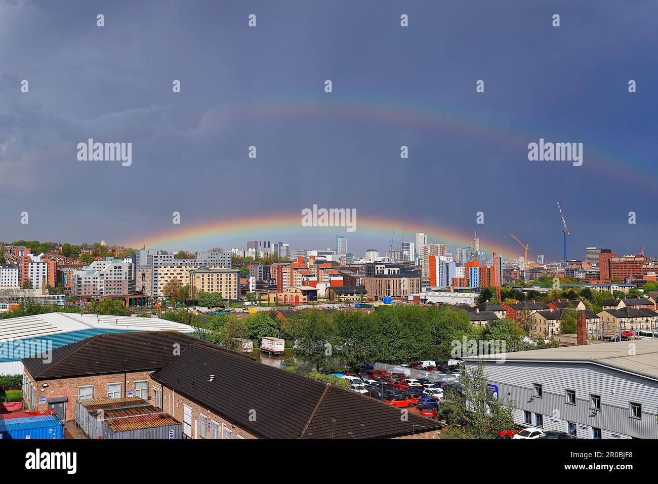 A double low rainbow appears briefly over the skyline of Leeds City ...