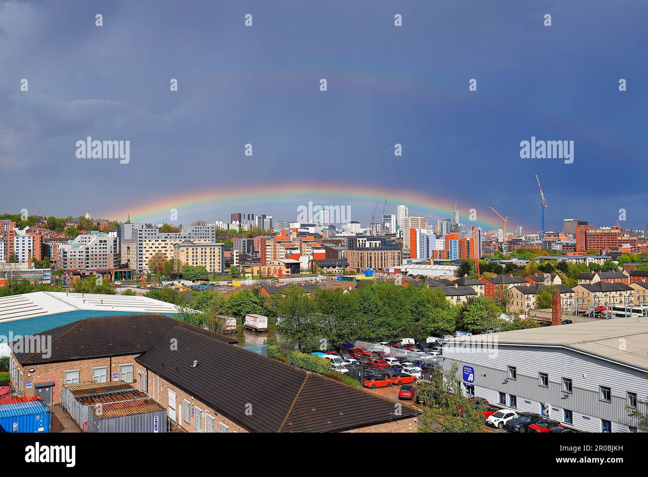 A double low rainbow appears briefly over the skyline of Leeds City ...