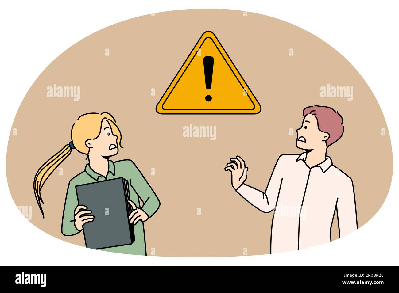 Scared businesspeople frustrated with exclamation warning sign. Anxious ...