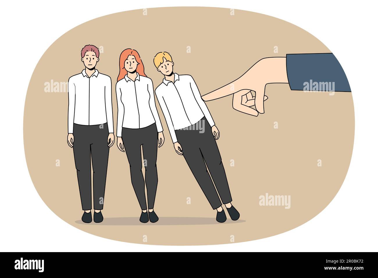 Businessman finger touch employees figures make them fall. Concept of ...