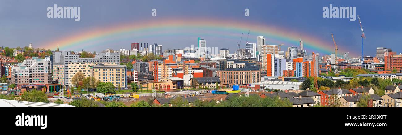 A panorama of a vibrant low rainbow over Leeds City Centre after a ...